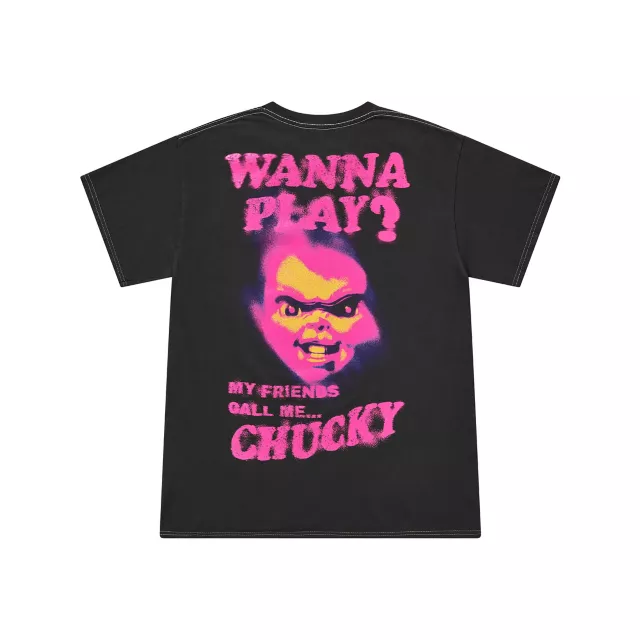 Chucky x Bloody Disgusting Wanna Play Neon T Shirt - Spirithalloween.com